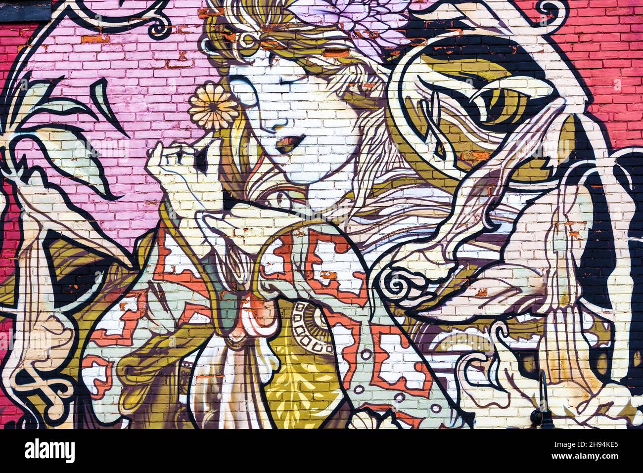 Urban art or graffiti paintings in the walls of the bohemian district ...