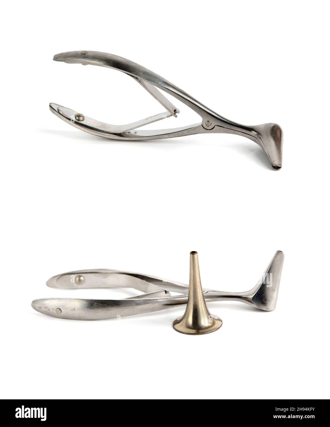 Reflector for the ear and nose. Tools otolaryngologist on a white ...