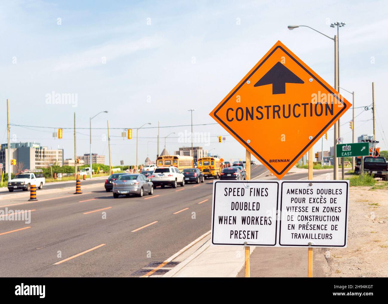 Warning sign of construction ahead next to a high traffic avenue. Nov ...