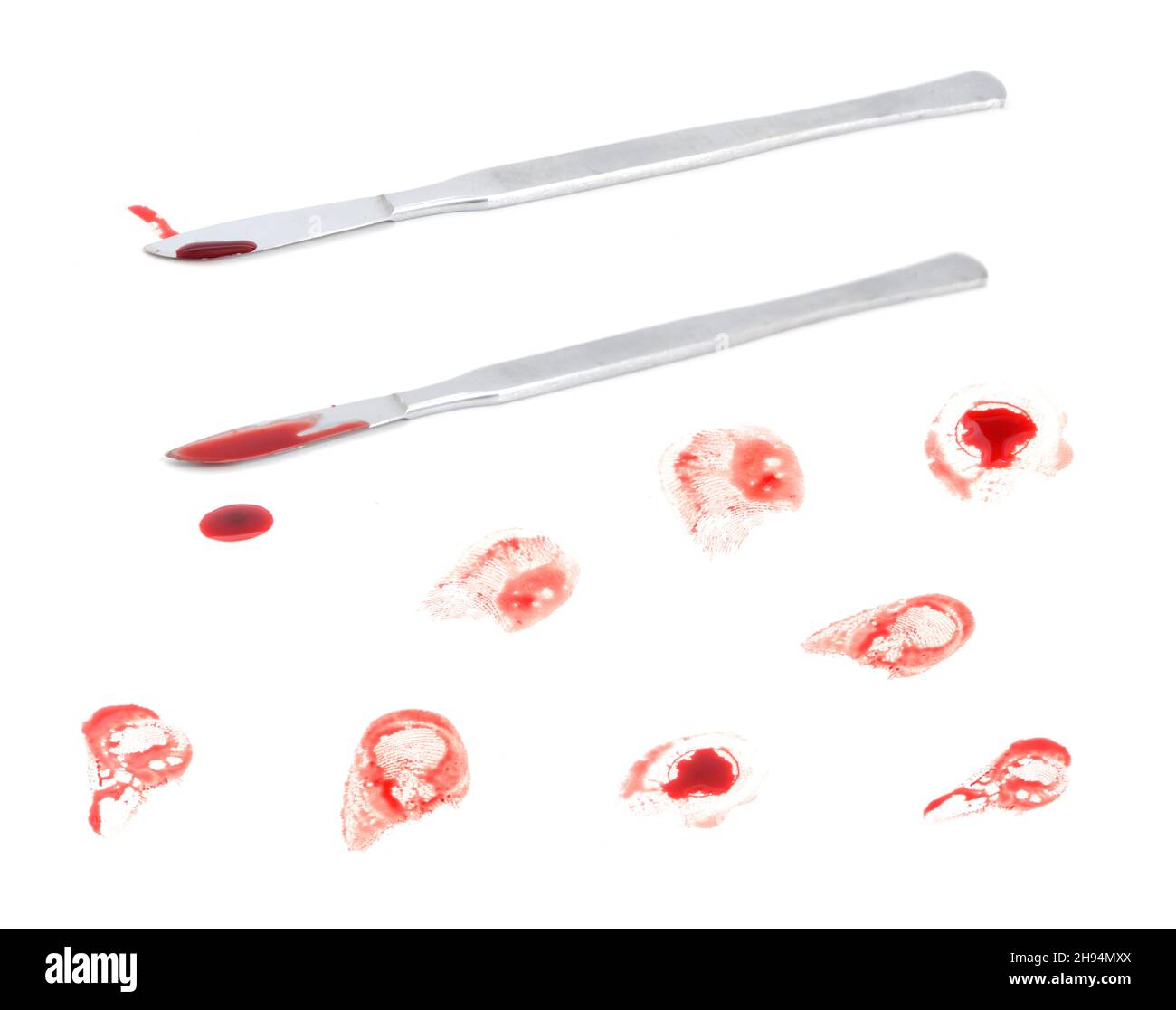 Scalpel and bloody fingerprints. Isolated set in white background Stock ...