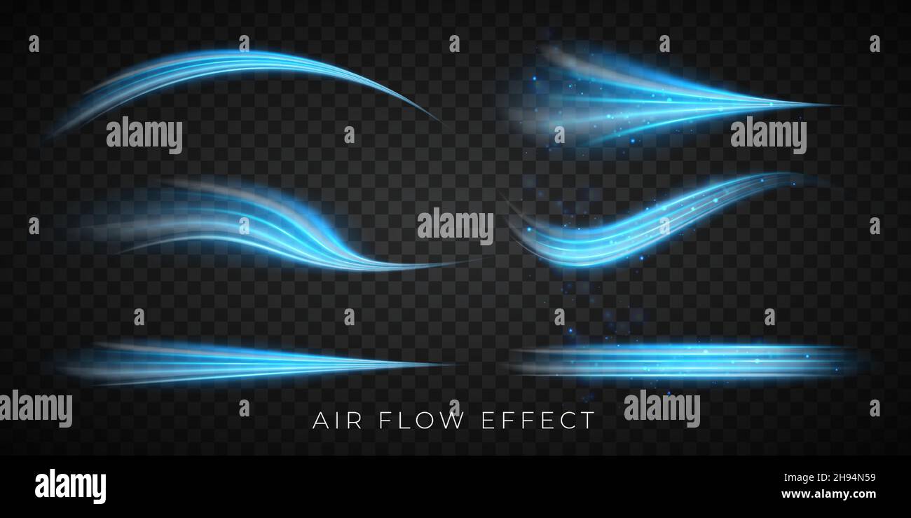 Blue air flow wave effect set. Design element for visualizing air or ...