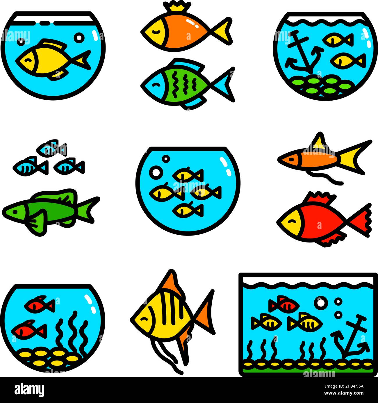 Aquarium tanks simple color icons set, different types of aquariums ...