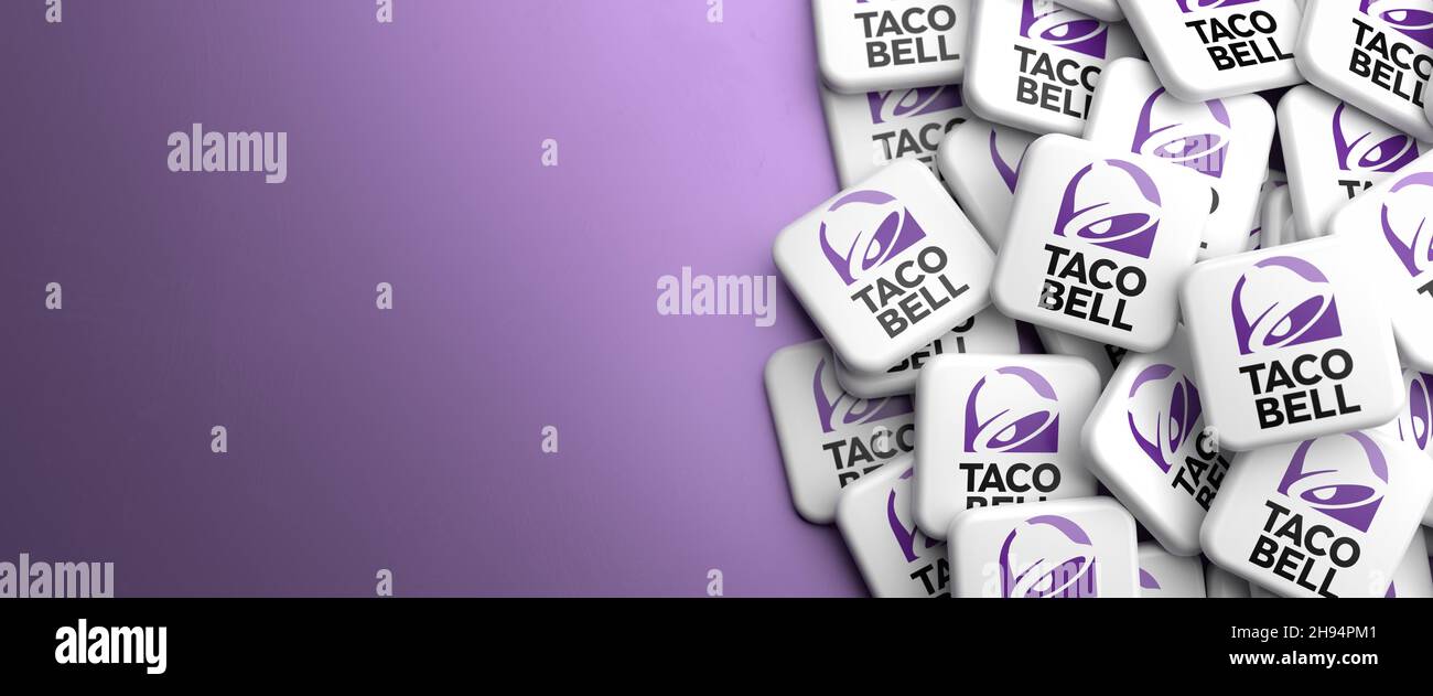 Logos of the American fast-food restaurant chain Taco Bell selling ...