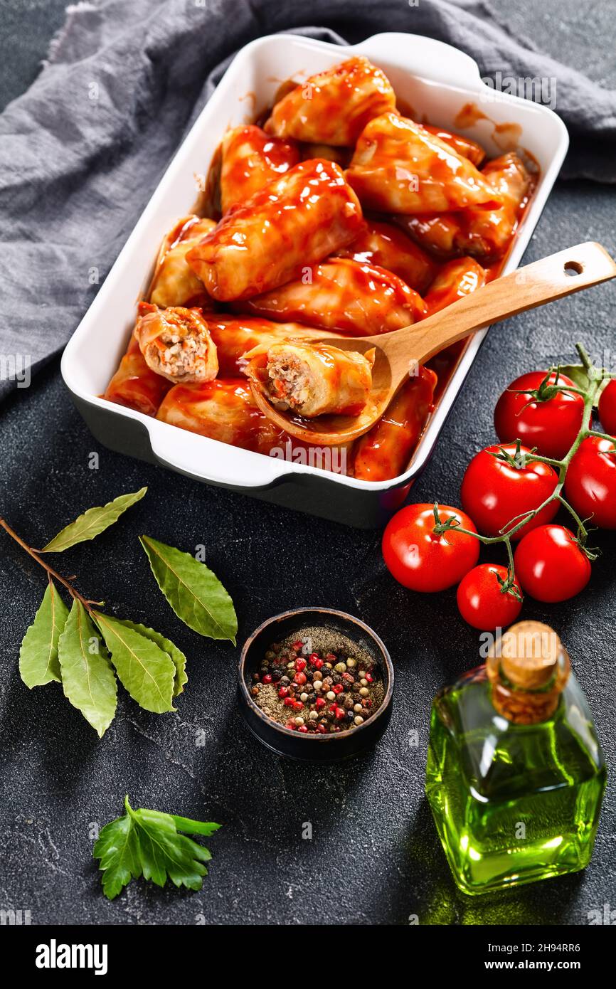 Ukrainian golubtsi are cabbage rolls stuffed with ground meat and rice ...