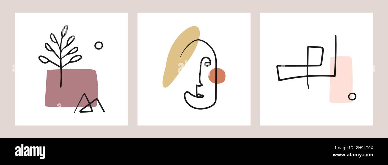 Set of hand drawn shape and line art objects, modern portrait, mountain ...