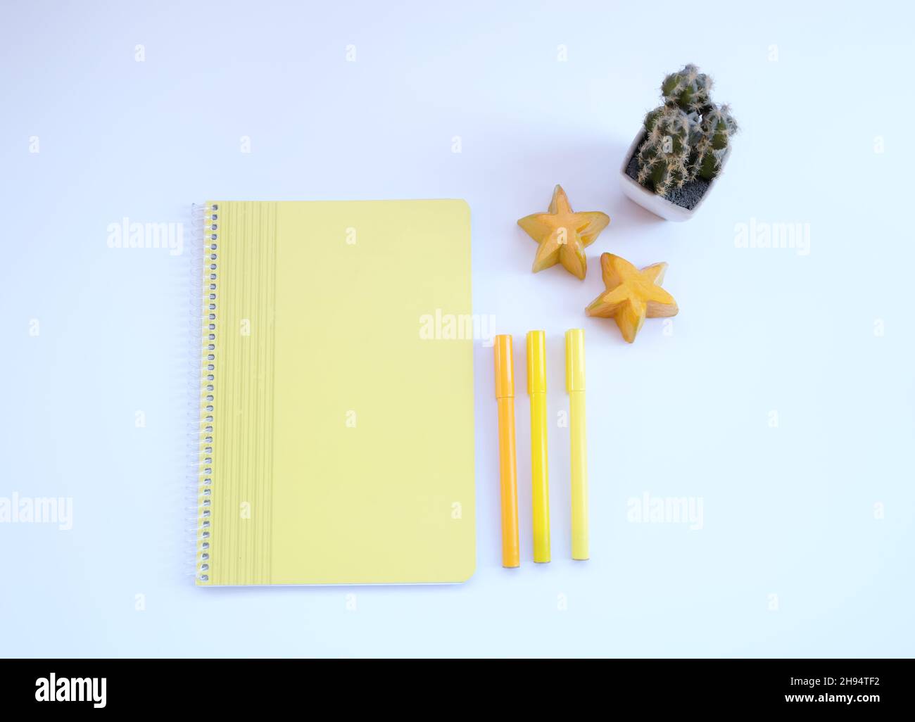 Yellow theme, yellow notebook, three pens, two stars and a cactus ...