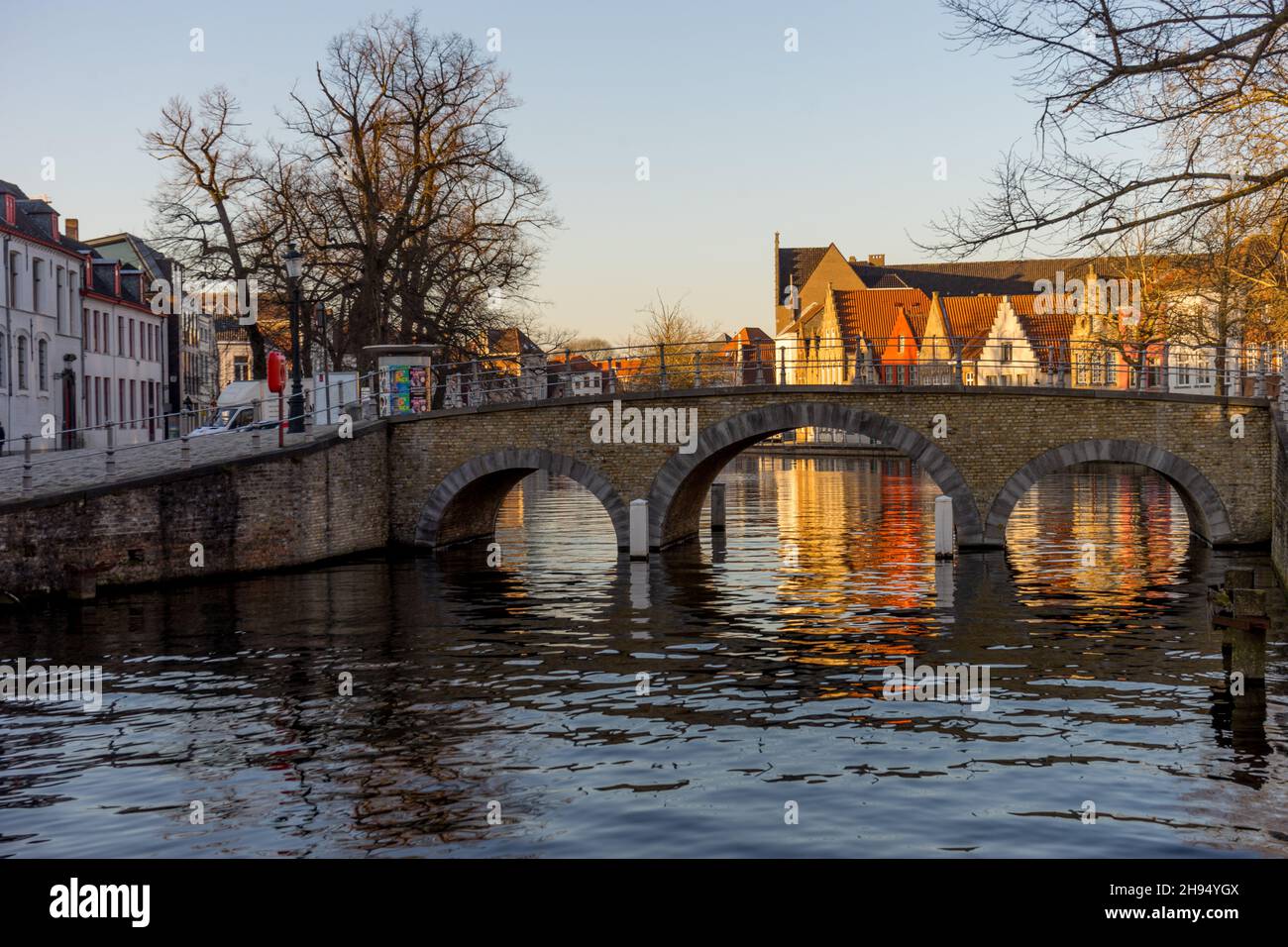 BRUGGE, BELGIUM - Feb 17, 2018: A bridge over the river at Brugge ...
