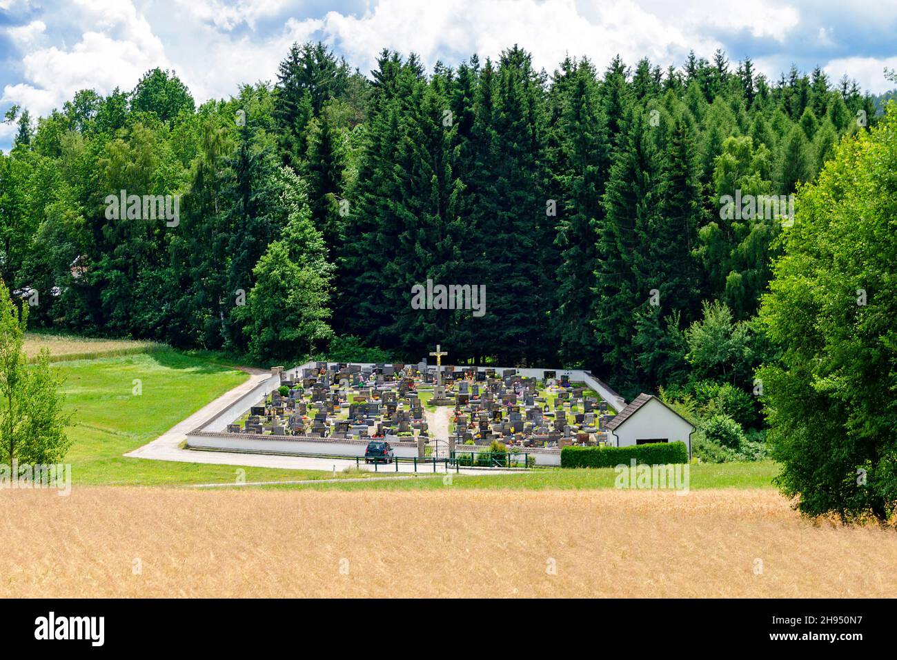 small village cemetery at the edge of a forest at summer in sunshine in ...
