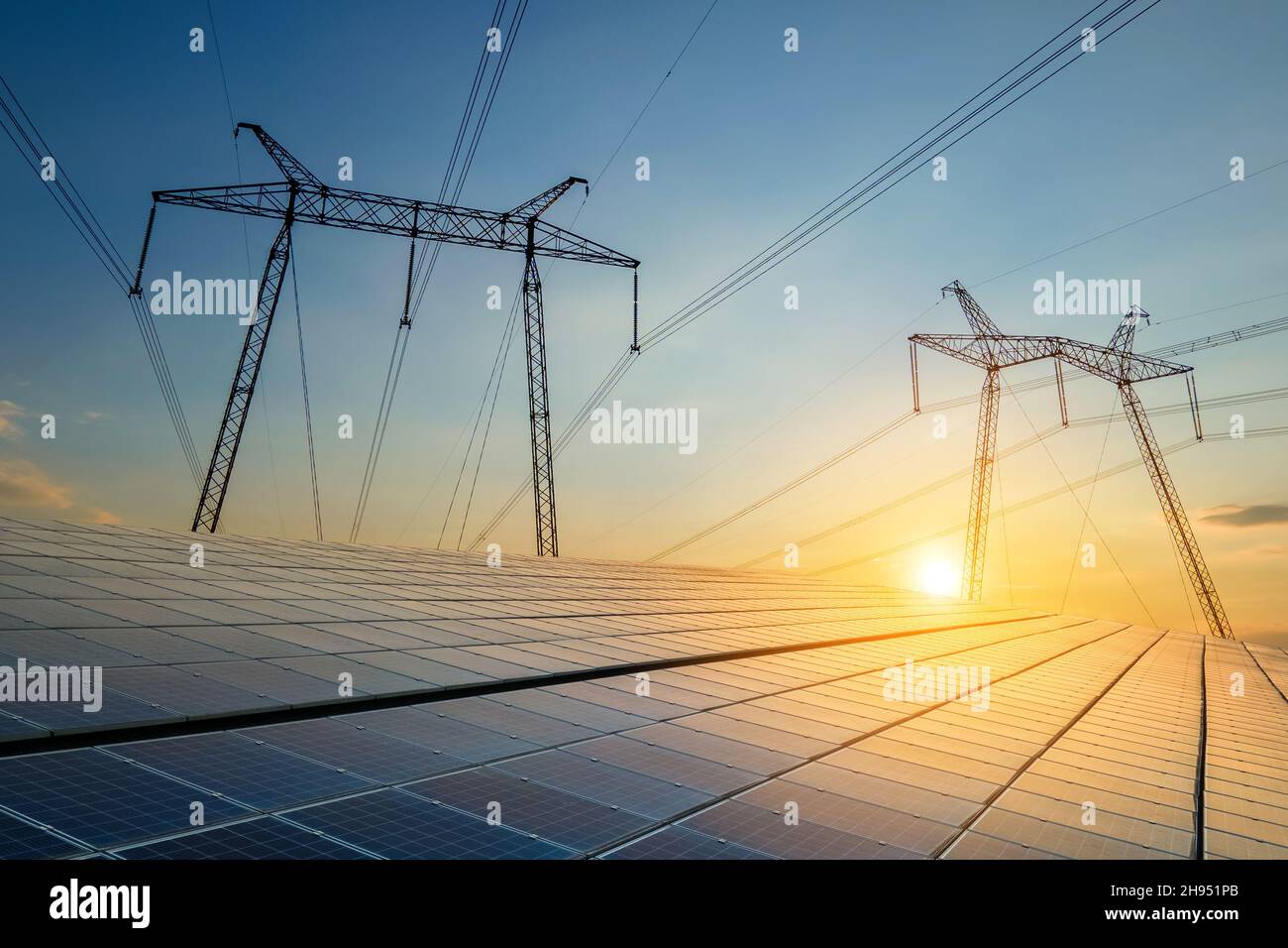 High voltage towers with electric power lines transfering energy from ...