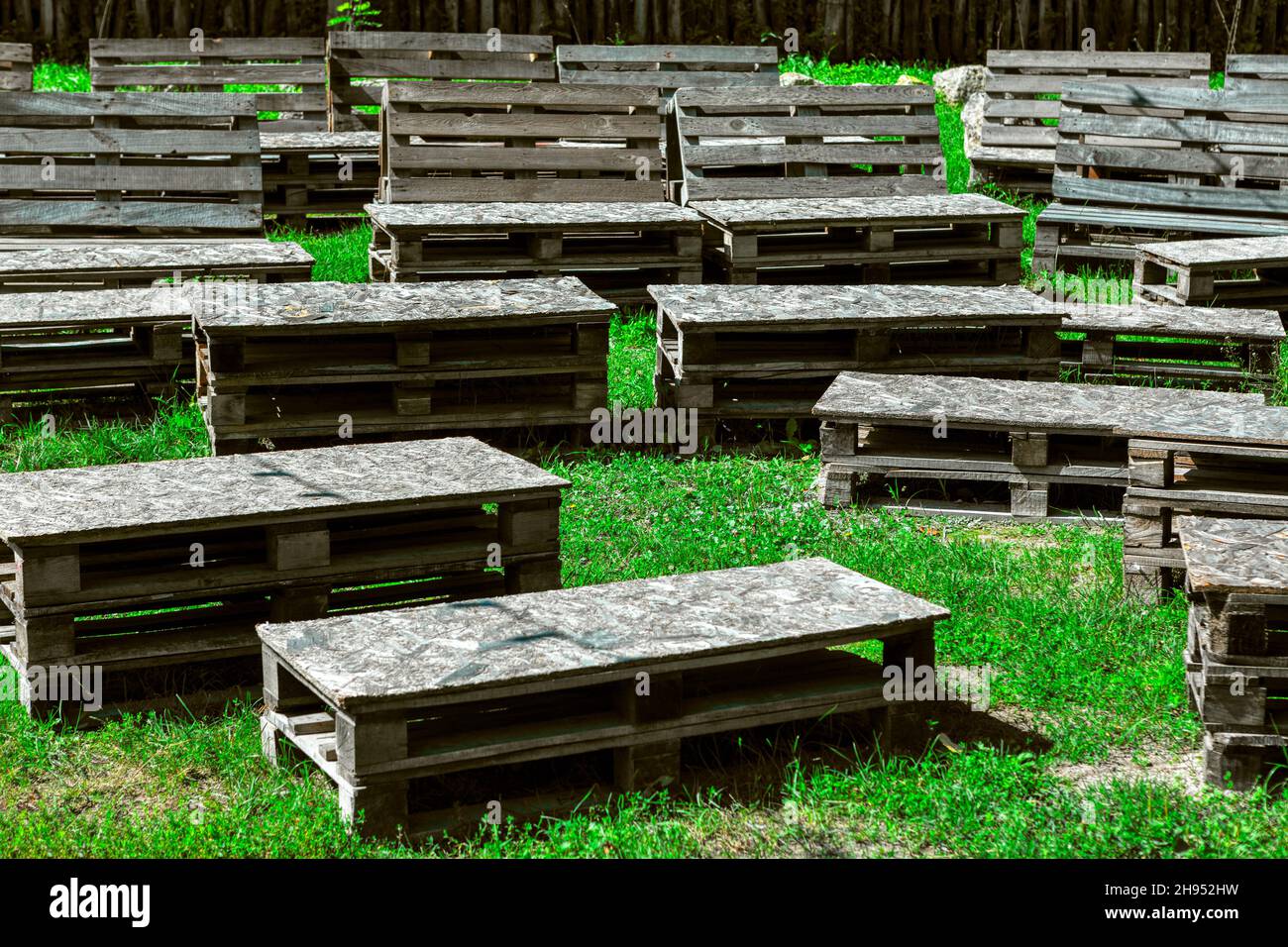 Outdoor wooden benches . Seats of outdoor concert place . Open Air ...