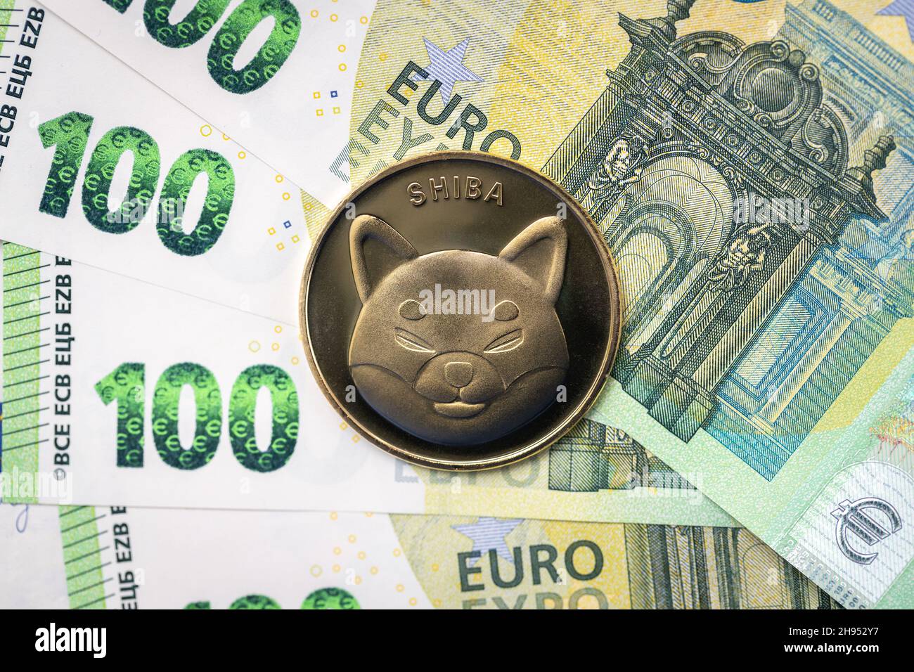 Shiba Inu physical coin laying on top of 100 Euro bills Stock Photo - Alamy