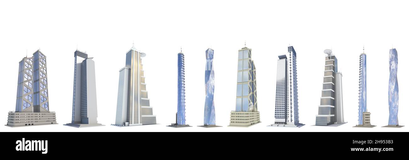 Set of high detailed hi-tech buildings with fictional design and blue ...