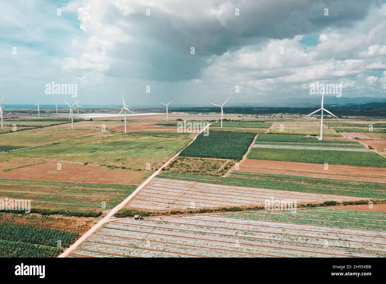 Aerial view of Wind Turbines in the windfarm of Santa Isabel, Puerto ...
