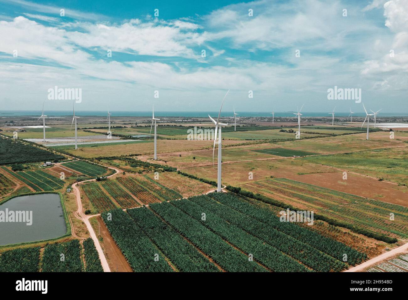 Aerial view of Wind Turbines in the windfarm of Santa Isabel, Puerto ...