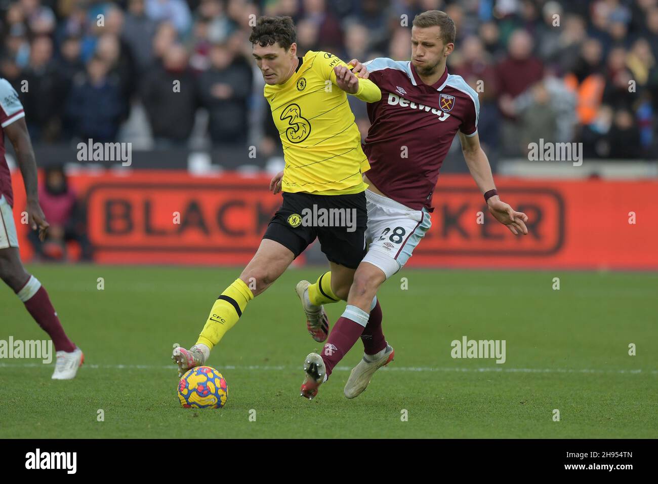 London, UK. 4th Dec, 2021. Tomas Soucek of West Ham Utd and Andreas ...