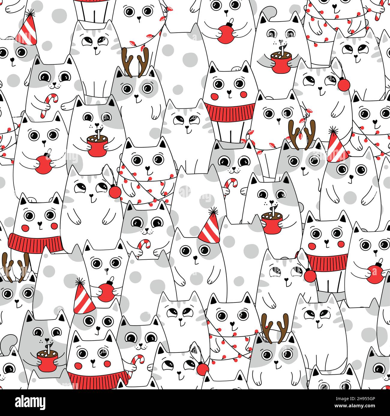 Seamless pattern background cute cat in snow for winter. Doodle style ...