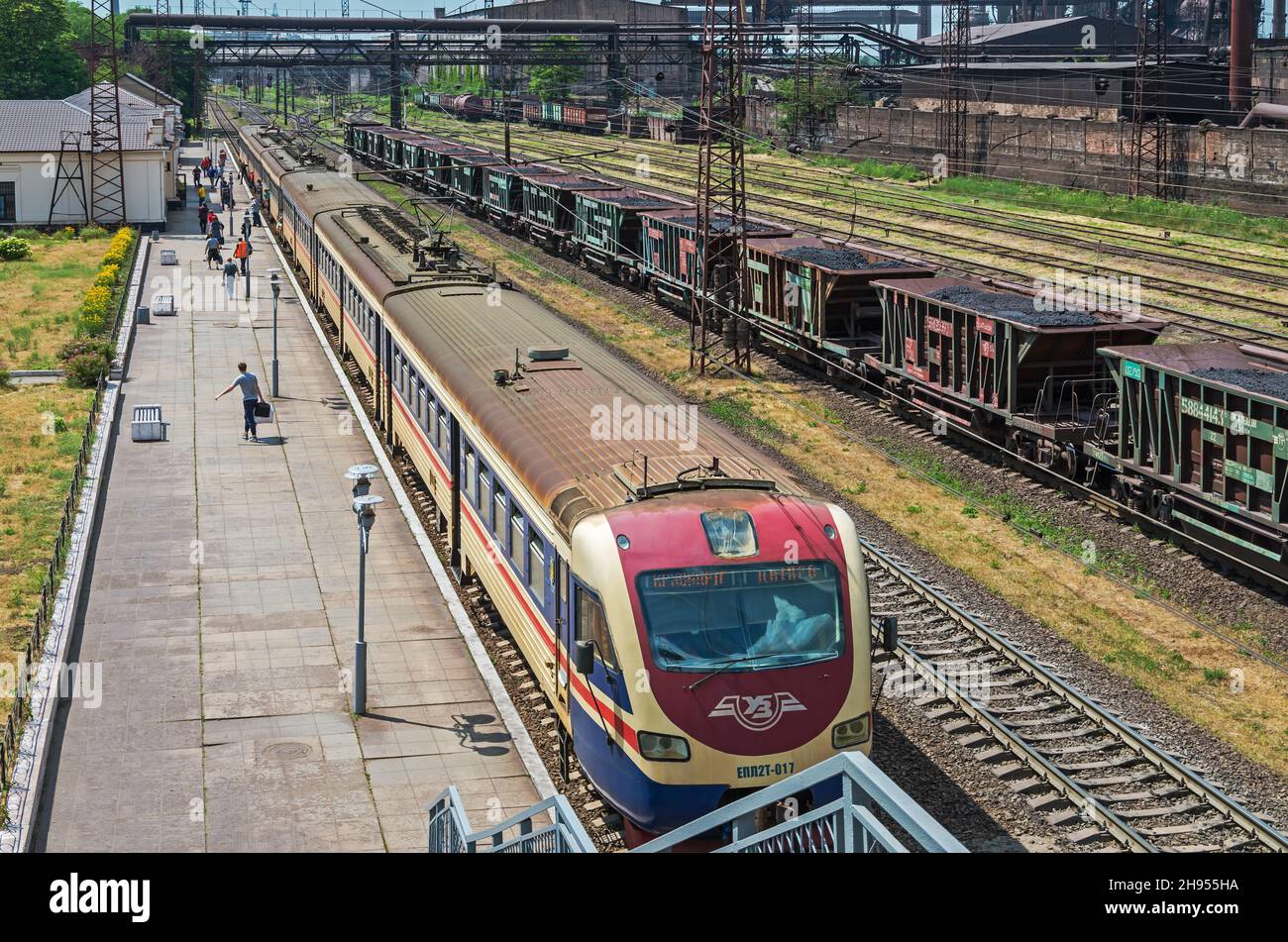 Dnipro, Ukraine - June 08, 2017: Suburban train that delivers workers ...