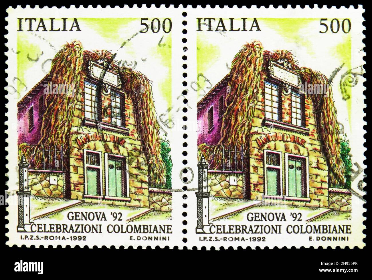 MOSCOW, RUSSIA - OCTOBER 24, 2021: Two postage stamps printed in Italy ...