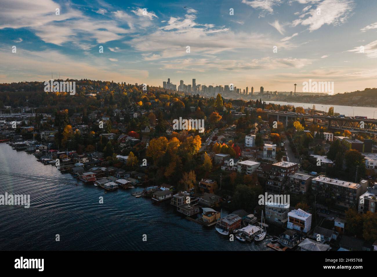 Aerial view of the cityscape of Seattle during sunset, South Lake Union ...