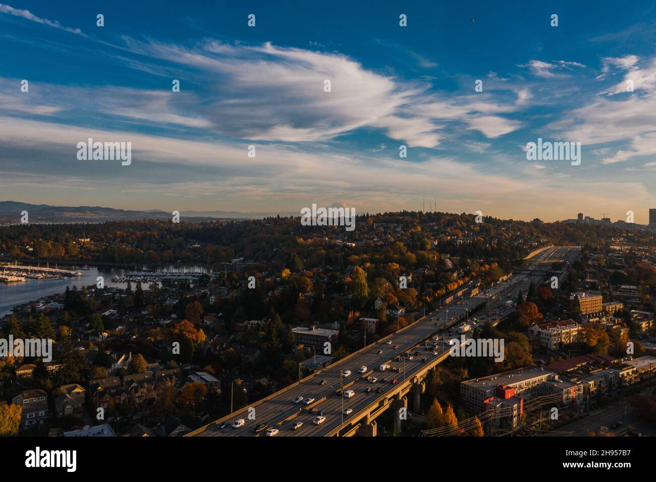 Aerial view of the cityscape of Seattle during sunset, South Lake Union ...