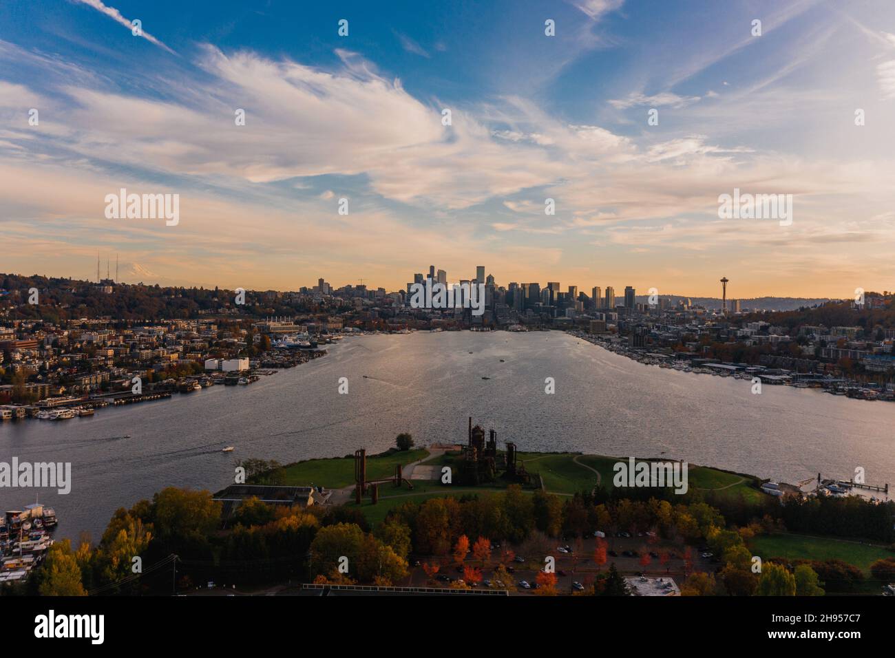 Aerial view of the cityscape of Seattle during sunset, South Lake Union ...