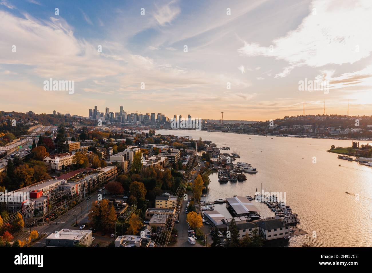 Aerial view of the cityscape of Seattle during sunset, South Lake Union ...