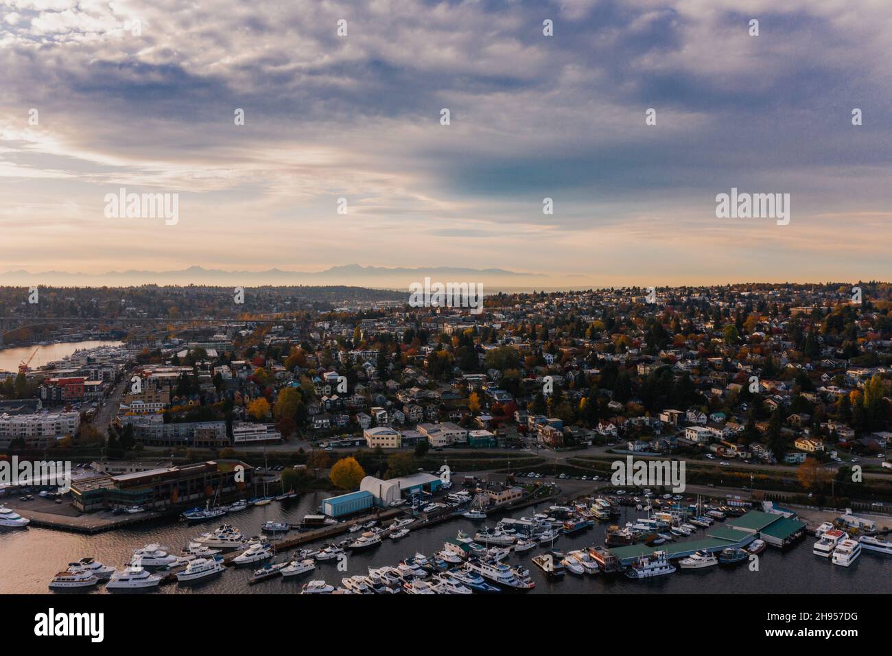 Aerial view of the cityscape of Seattle during sunset, South Lake Union ...