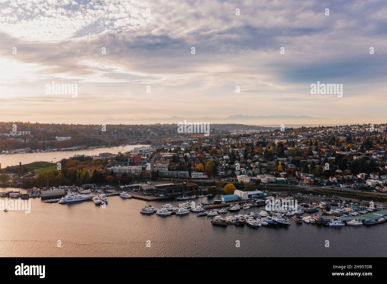 Aerial view of the cityscape of Seattle during sunset, South Lake Union ...