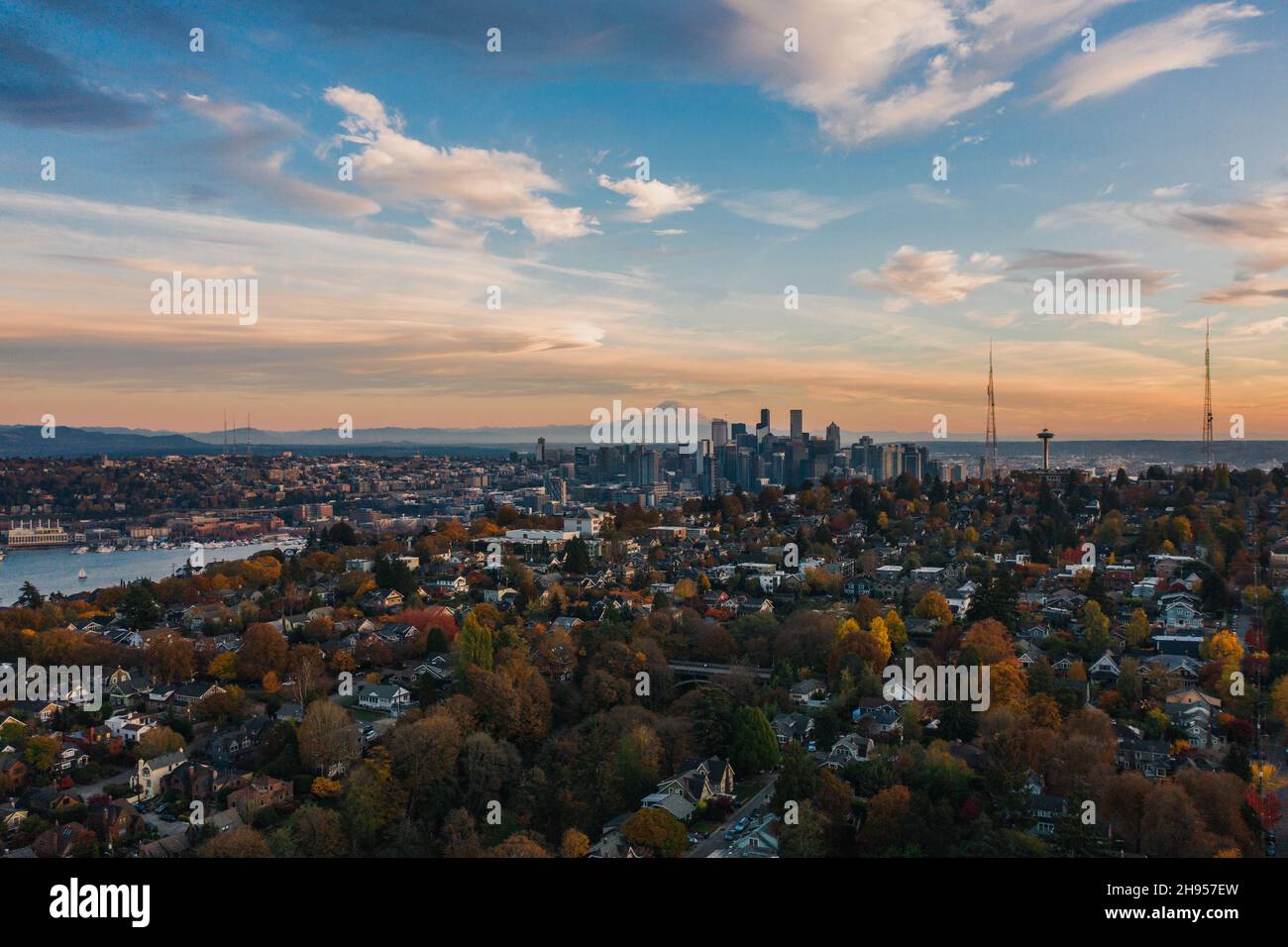 Aerial view of the cityscape of Seattle during sunset, South Lake Union ...