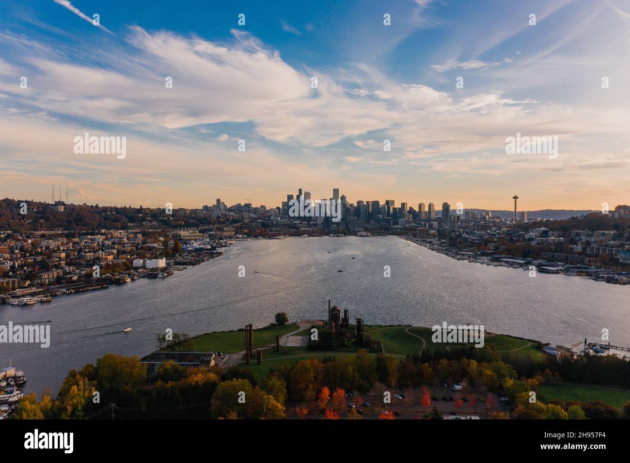 Aerial view of the cityscape of Seattle during sunset, South Lake Union ...
