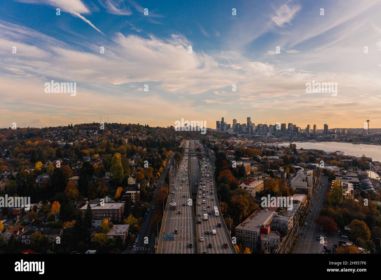 Aerial view of the cityscape of Seattle during sunset, South Lake Union ...