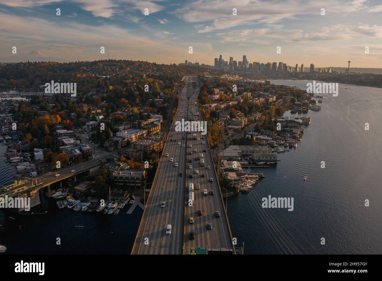 Aerial view of the cityscape of Seattle during sunset, South Lake Union ...