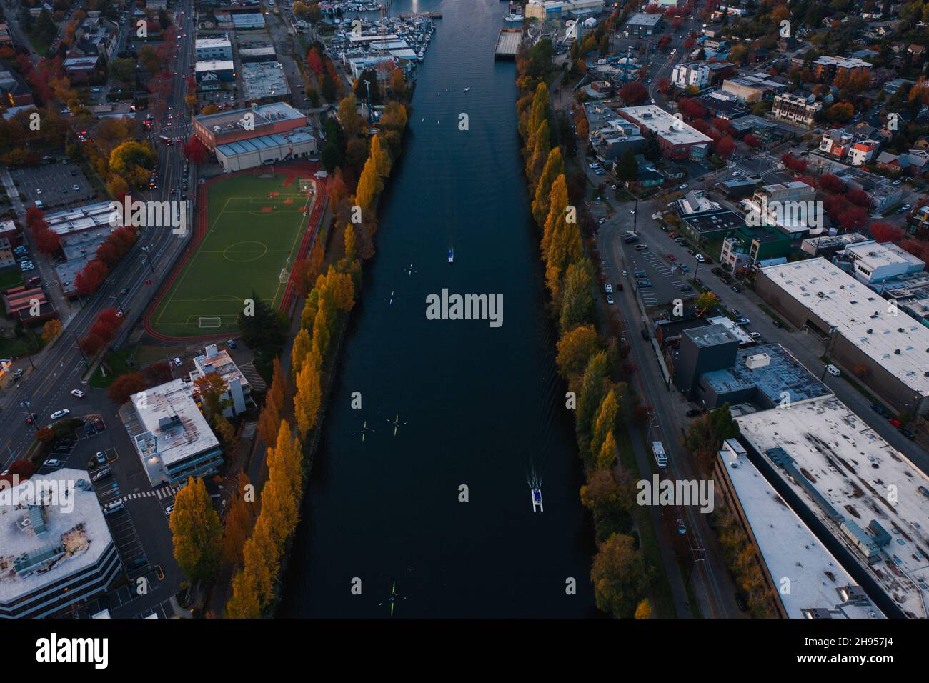 Aerial view of the cityscape of Seattle during sunset, South Lake Union ...