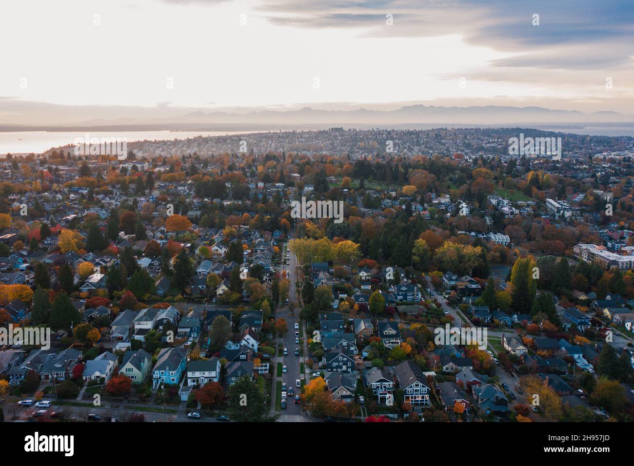 Aerial view of the cityscape of Seattle during sunset, South Lake Union ...