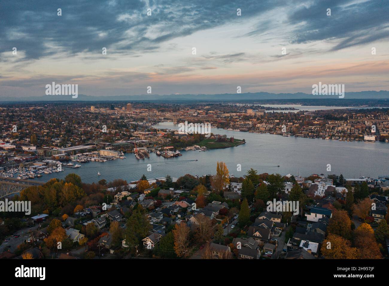Aerial view of the cityscape of Seattle during sunset, South Lake Union ...