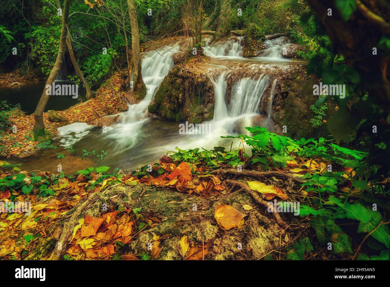 Beautiful waterfall in a forest in the fall colors Stock Photo - Alamy