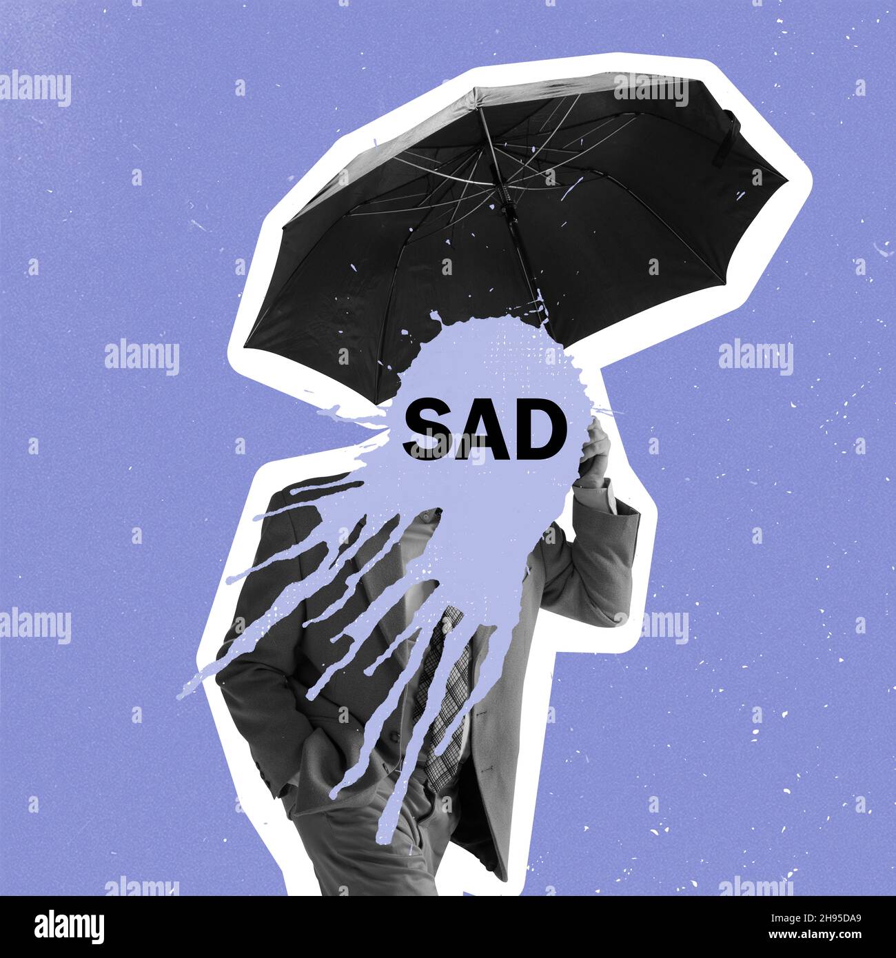 Contemporary art collage of sad man walking under umbrella isolated ...