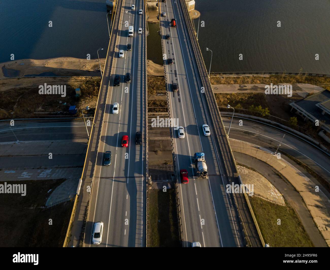 Two routes of elevated highway. Aerial drone photo of highway with cars ...