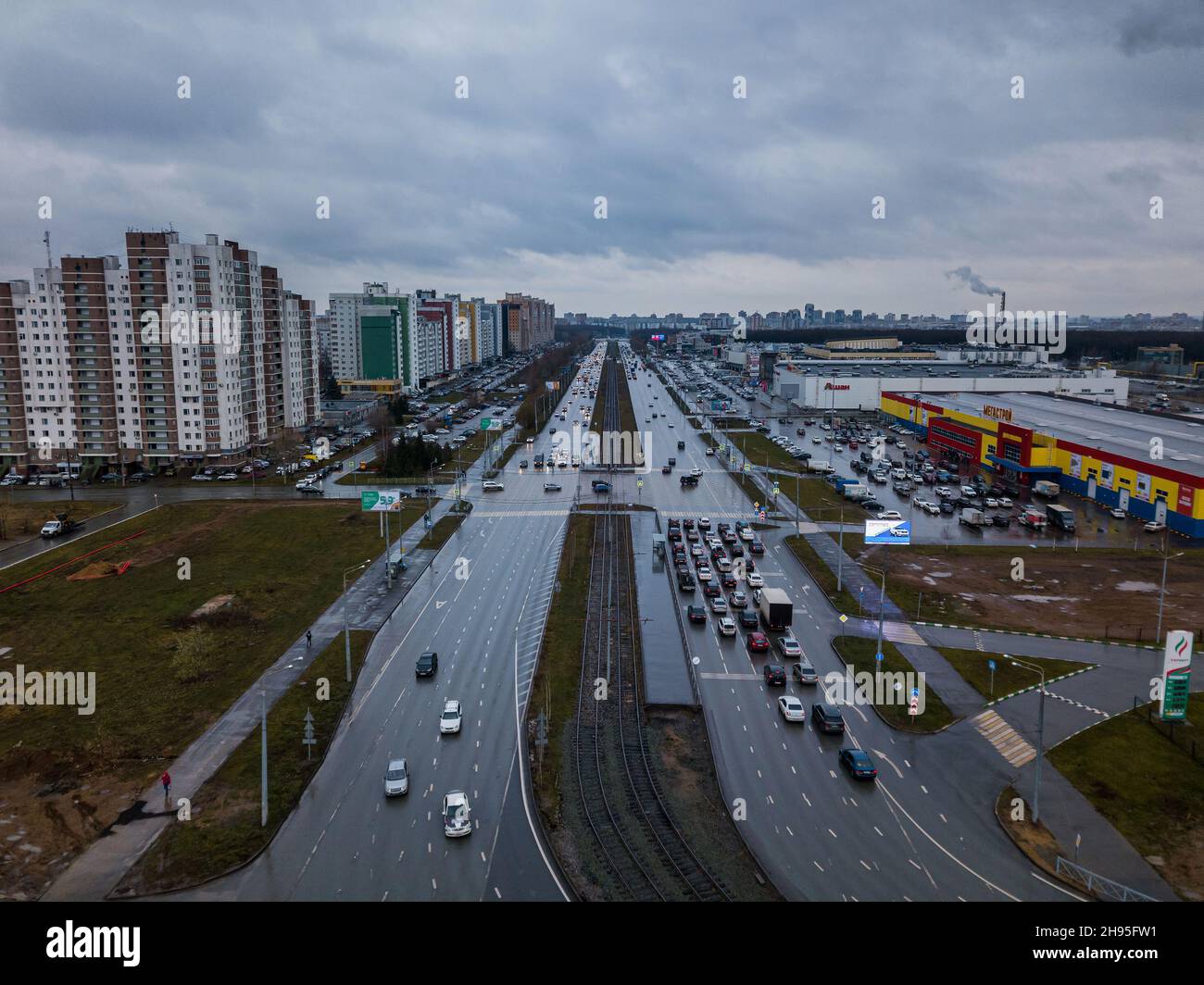 An expressway with a streetcar line in the middle of the road.. Kazan ...