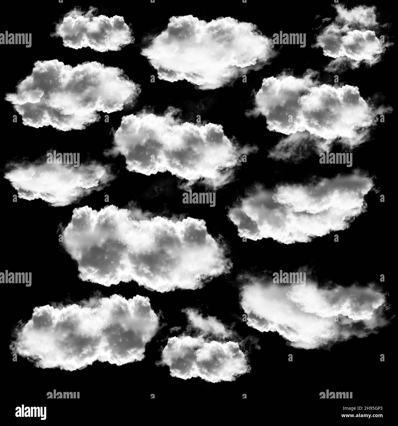 Big cloud collection isolated over black background. Realistic clouds ...