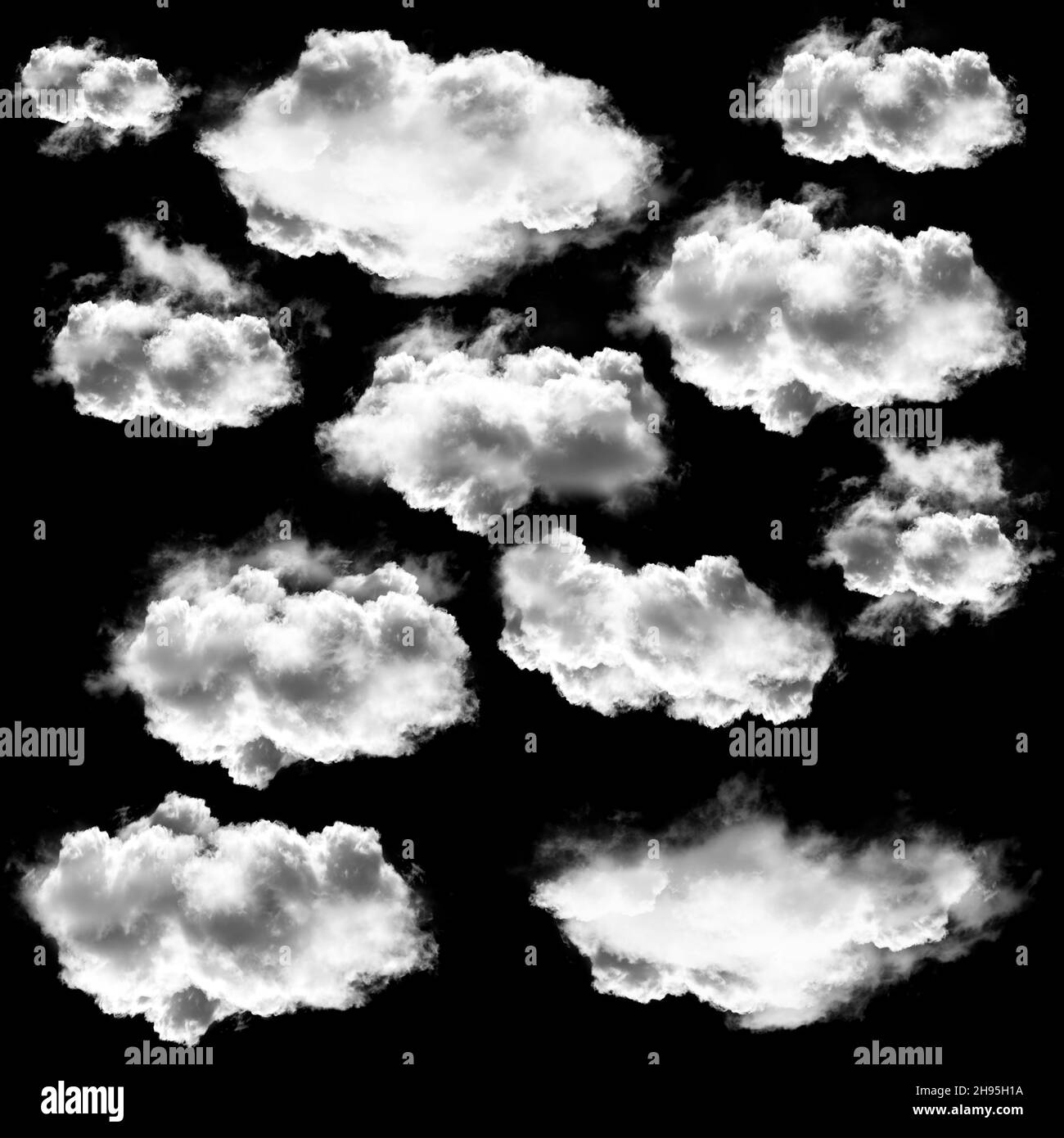 Big cloud collection isolated over black background. Realistic clouds ...