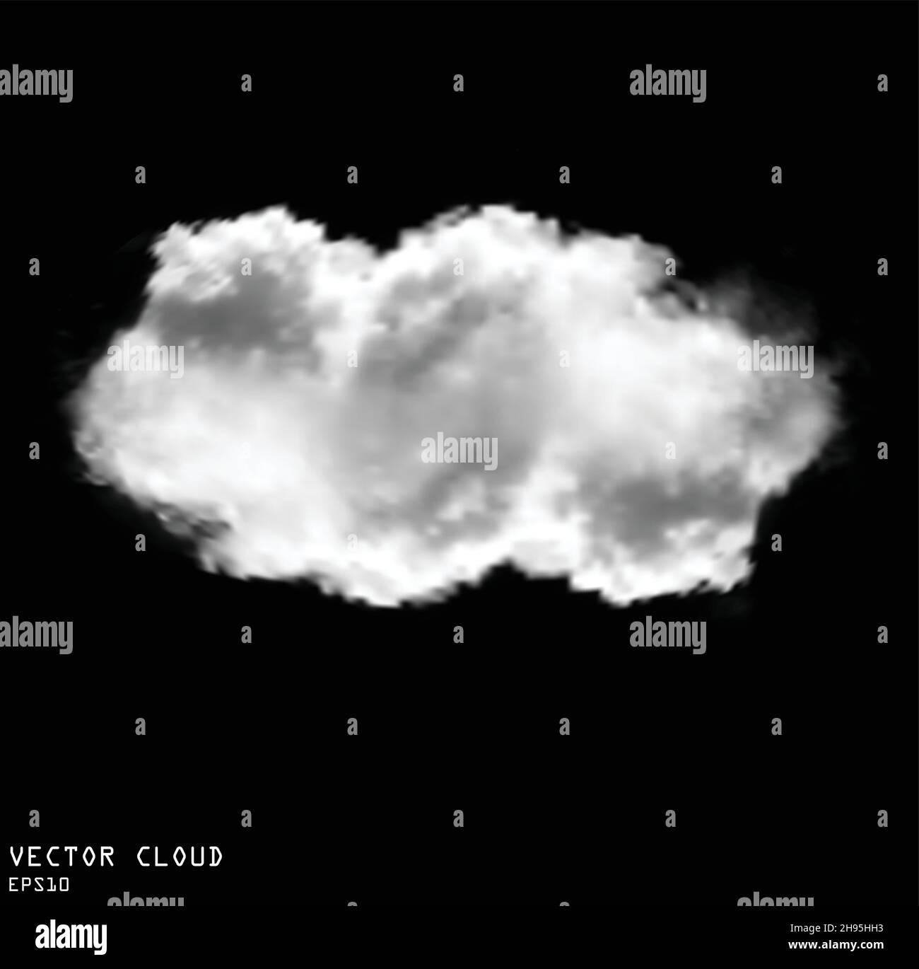 Cloud shape realistic vector illustration, white fluffy cloud isolated over solid black ...