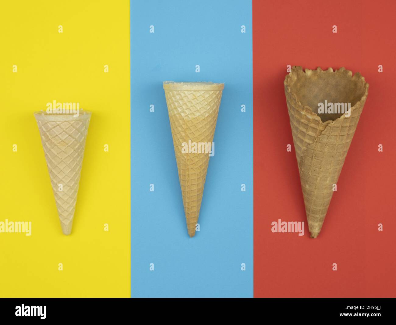 Sizes of ice cream cones on a yellow, blue and red background Stock ...