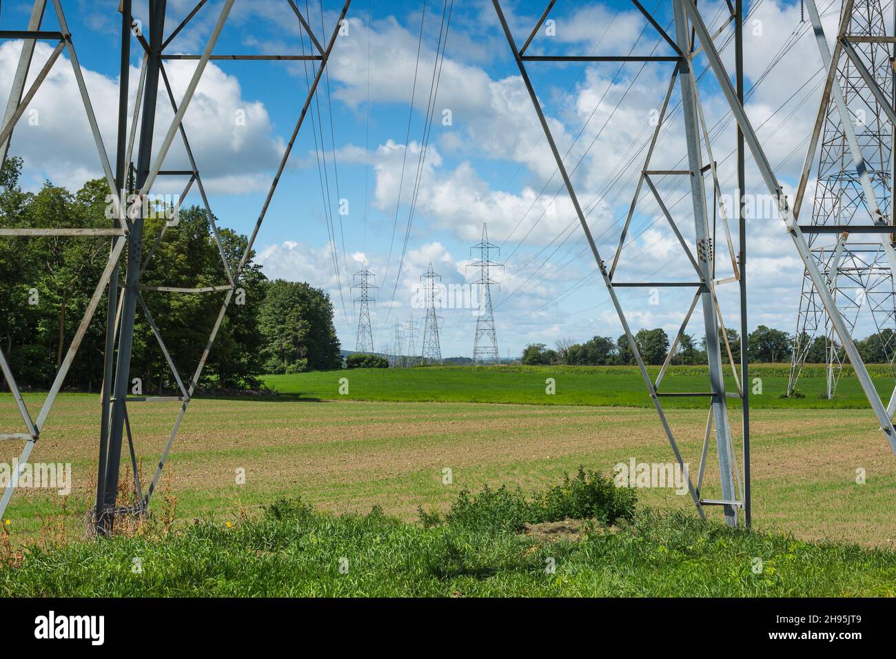Electric pylons with electrical wires installed in a field and going to ...