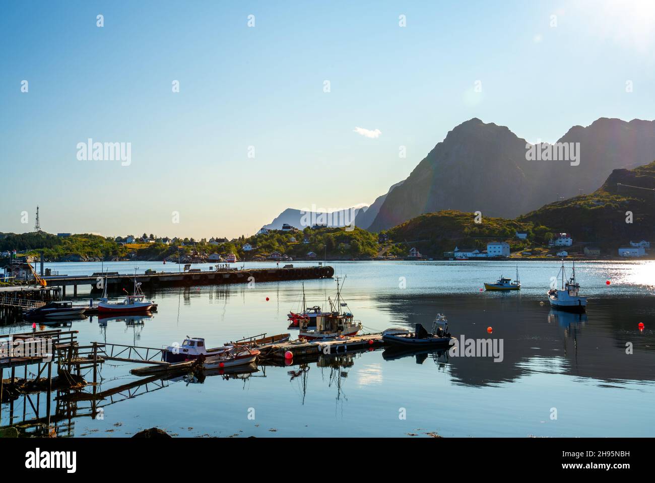 View over the harbor of Moskenes, Lofoten islands, Norway Stock Photo ...