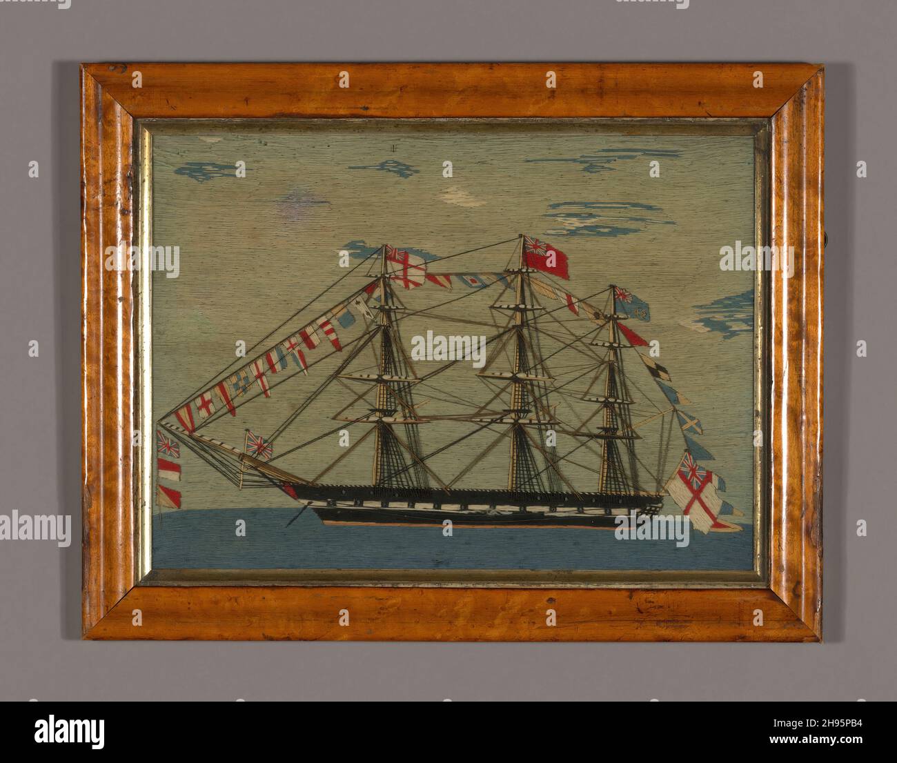 Picture (Needlework), England, 1825/75. Sailing ship with signal flags ...