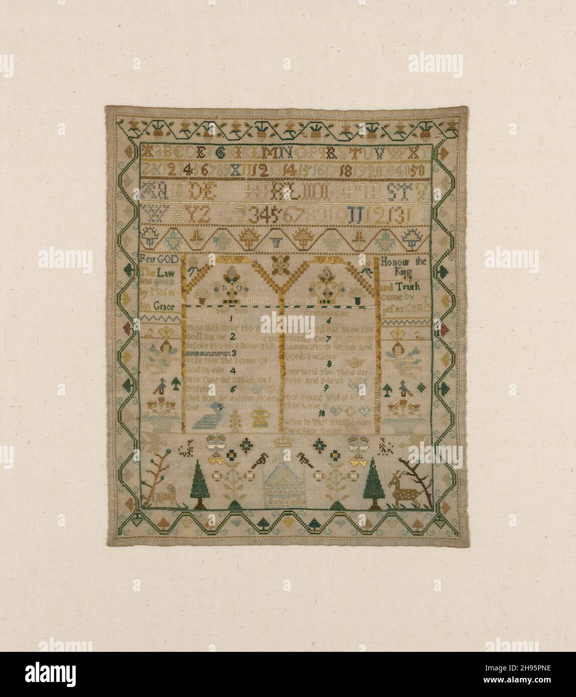 Sampler, England, 1775/1825. The alphabet and the Ten Commandments ...