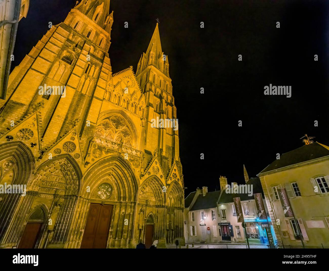 Night Outside Illuminated Bayeux Cathedral Our Lady of Bayeux Church ...