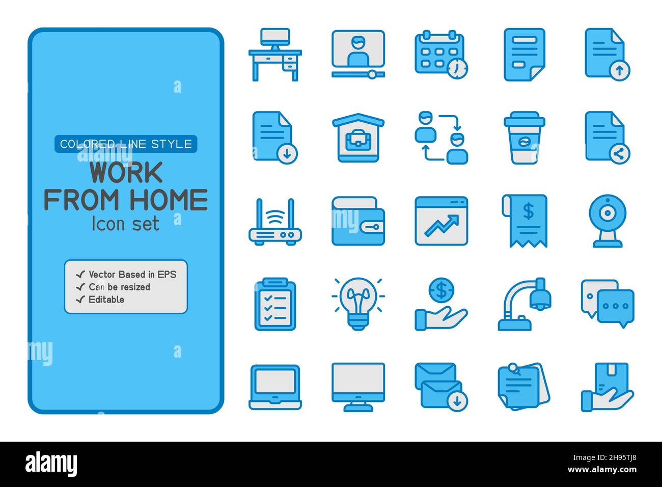 Set of work from home icons with colored line style and vector based ...