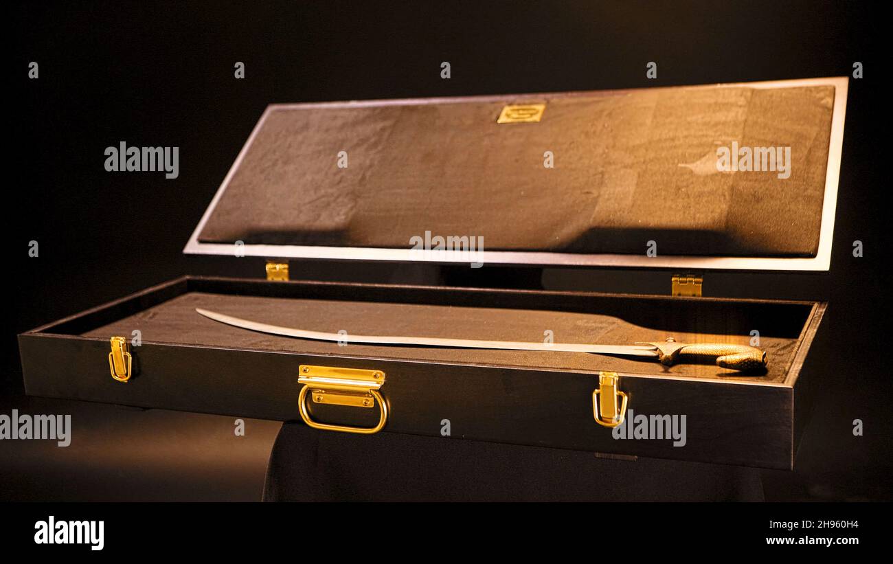 Exhibit in museum is old saber on isolated background. Stock footage ...